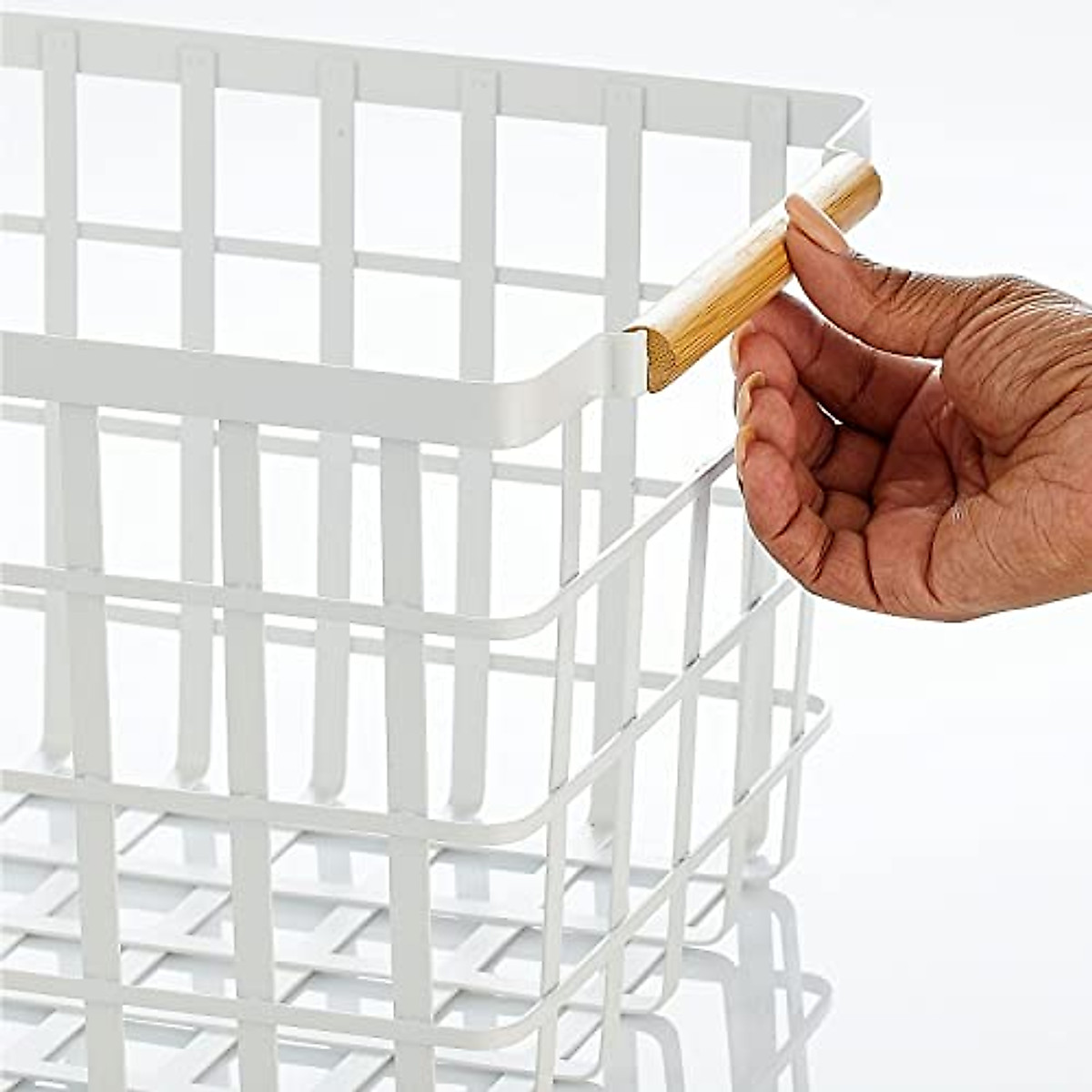 mDesign Metal Wire Closet Storage Basket Bin Organizer with Wood Handles for Bedroom, Bathroom, Mudroom, Entryway, Hallway, or Linen Closet Organization - Yami Collection - 4 Pack, Matte White/Natural