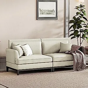 P PURLOVE Modern Loveseat Sofa with Sturdy Wood Legs, Upholstered Country Style Sofa with 2 Throw Pillows, Love Seats Furniture for Small Spaces, Couch for Living Room, Office, Bedroom, Beige