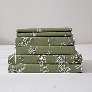 FULTEMPS Floral Sheets Set, Premium 100% Microfiber Flowery Beding Set Elegant Gingko Leaf Printed Farmhouse Bedding White Plants Deep Pocket Fitted Bed Sheets (King, Sage Green)