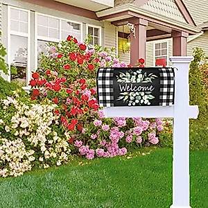 Spring Welcome Mailbox Covers Magnetic Standard Size 18" x 21", Buffalo Plaid Wreath Mailbox Covers Mail Wraps Cover Letter Post Box for Gardern Yard Outdoor Decor