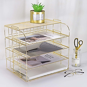 LEORISO 4-Tier Stackable Letter Tray, Gold Desk Organizer, Metal File Organizer Tray, Paper Holder Rack, Desk Accessories for School Home Office Supplies