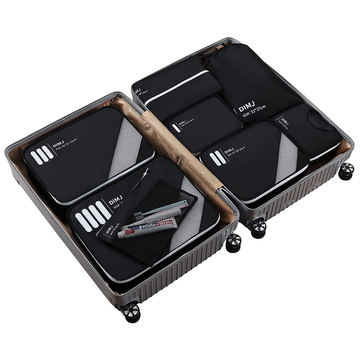 DIMJ Packing Cubes - 8 Packs Travel Organizer Bags for Luggage, Lightweight Travel Accessories, Travel Luggage Organizers with Laundry Bag, Shoe Bag, Toiletries Bag (Black)