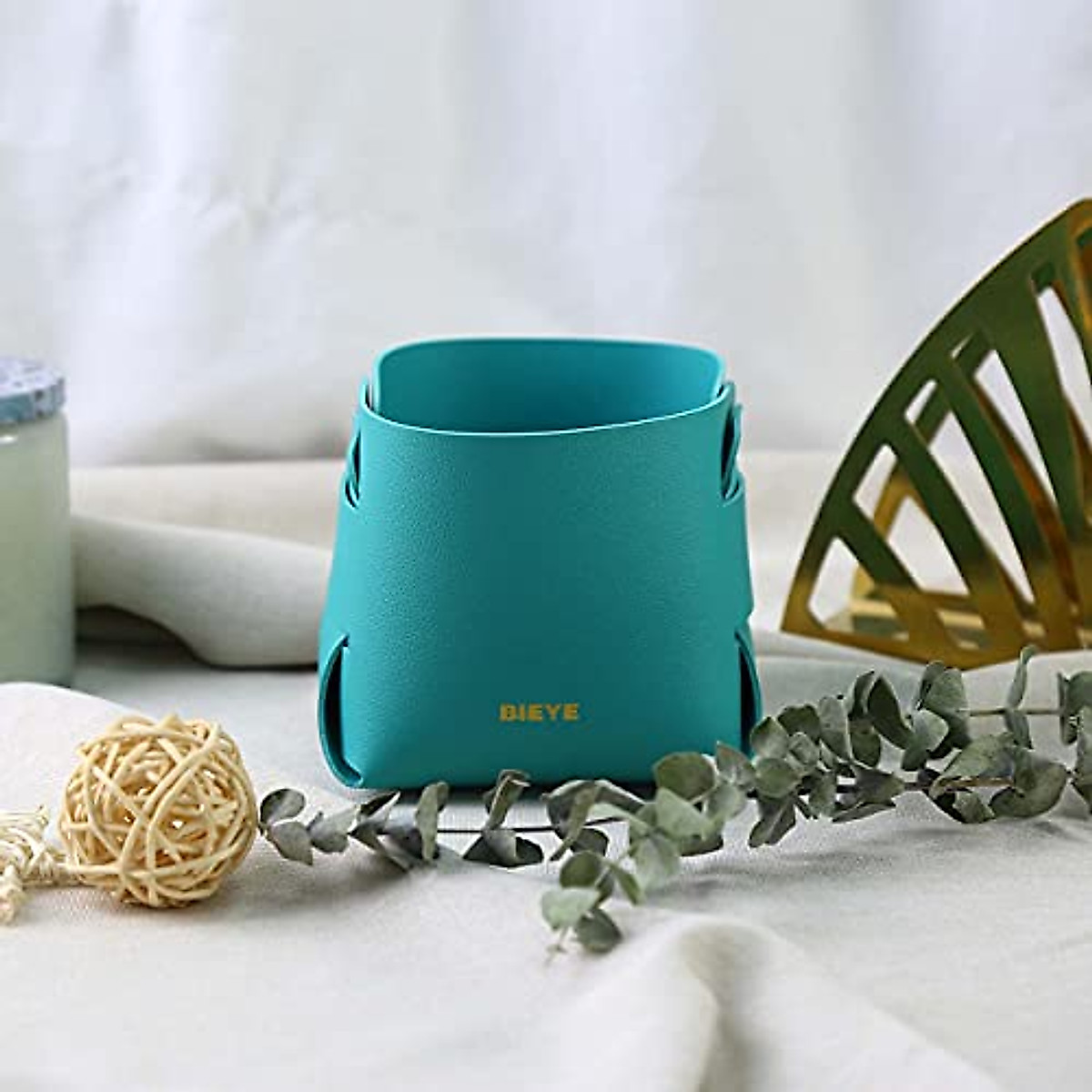 Bieye LSB002 Collapsible Leather Storage Bin Decorative Desk Organizer for Jewelry Makeup Pen Pencil Glasses Remote Controller Storage (Turquoise, 4WX4LX4H)