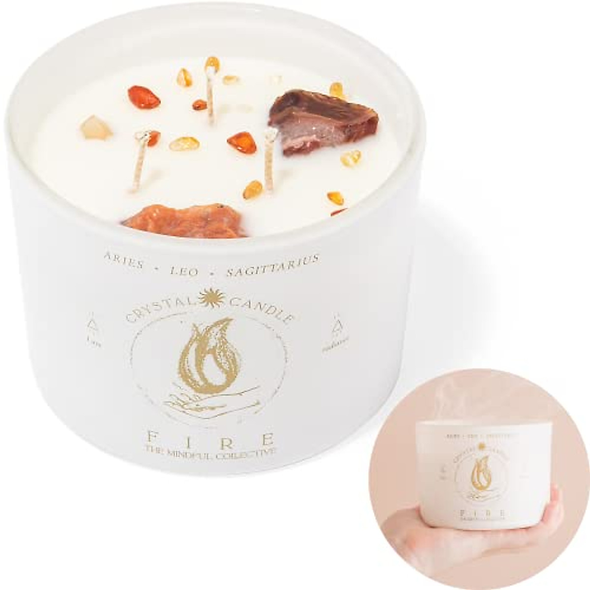 Healing Crystal Candle, 12oz - 3 Wick Aries, Leo, Sagittarius Zodiac Candles with Crystals Inside. Zodiac Gifts for Women, Real Crystals and Healing Stones Manifestation Candle, Meditation Candle