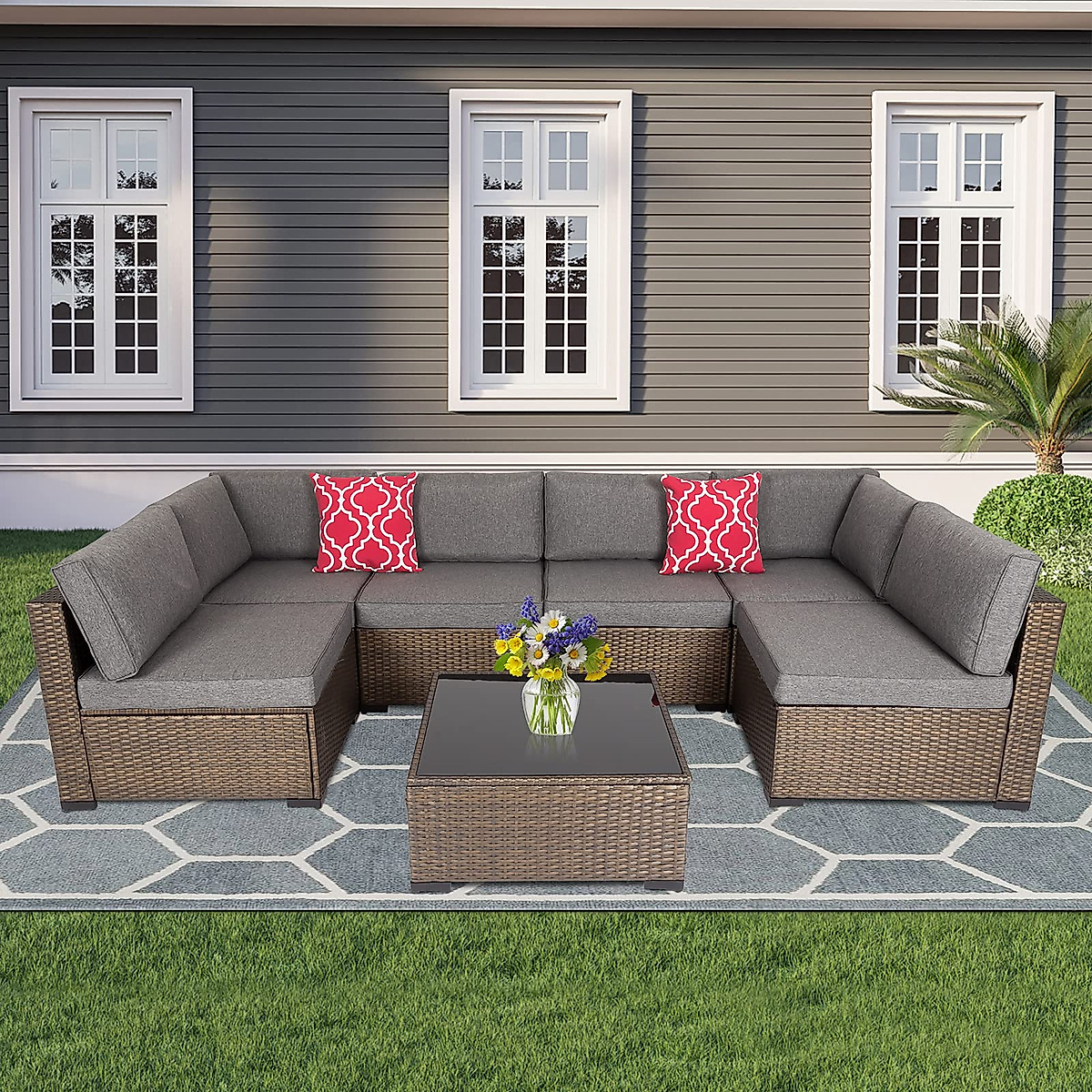 JSUN7 7 Pieces Patio Couch Outdoor Furniture Sets PE Golden Brown Rattan Sectional Conversation Sofa Set Washable Cushions with Glass Coffee Table(Dark Gray)