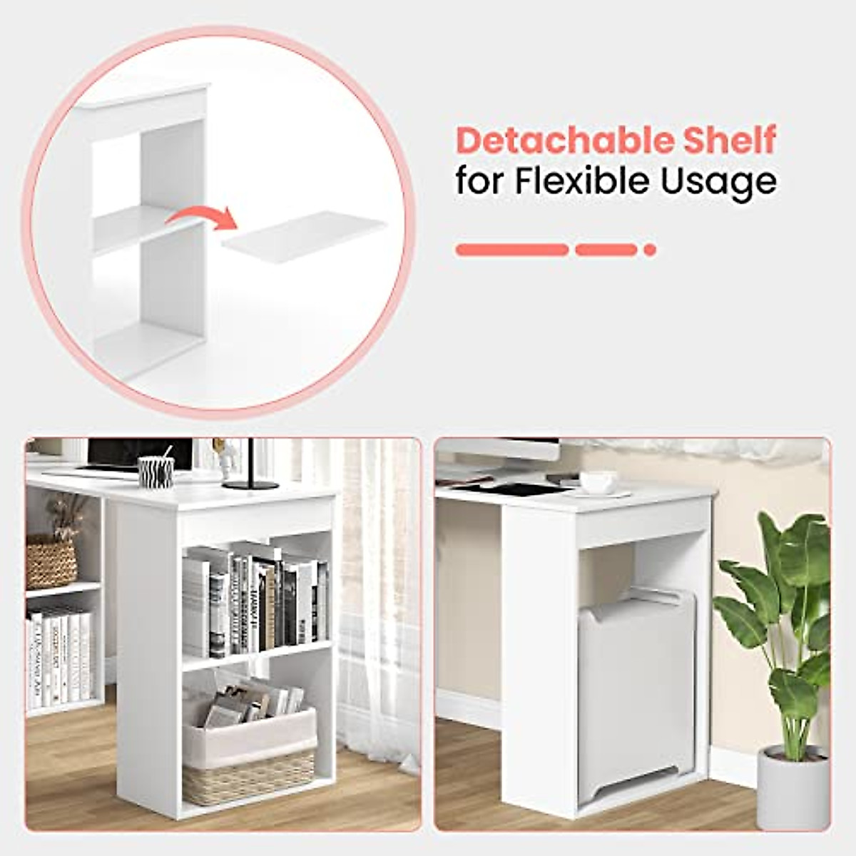 IFANNY 48 Inch Computer Desk with Bookshelf, Reversible Home Office Desk with Open Shelves & CPU Stand, Modern Space-Saving Writing Desk Computer Workstation for Study, Living Room (White)