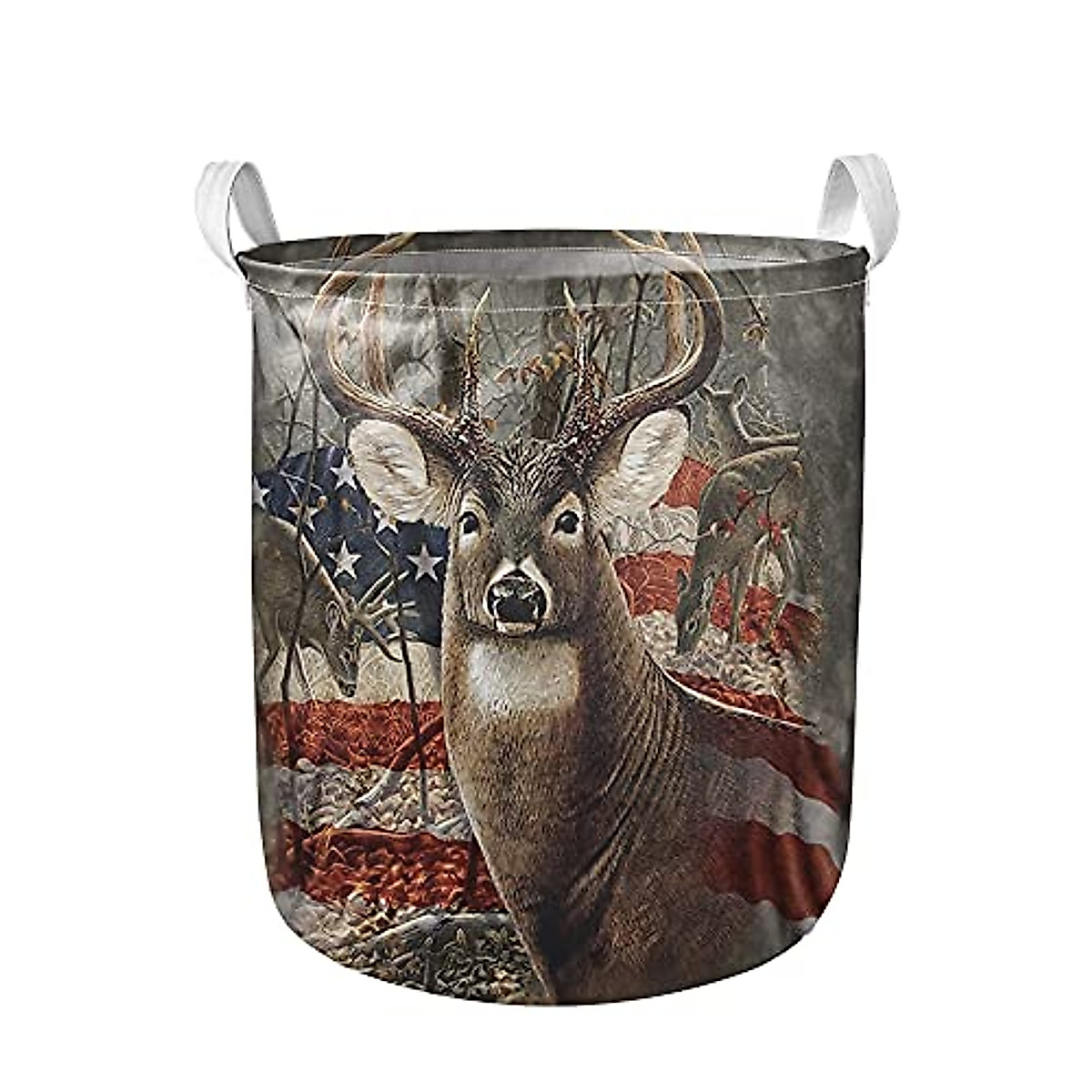 FKELYI American Flag Deer Hunting Laundry Basket Collapsible Hampers for Bathroom,Large Capacity Laundry Hamper Storage Bin with Handle