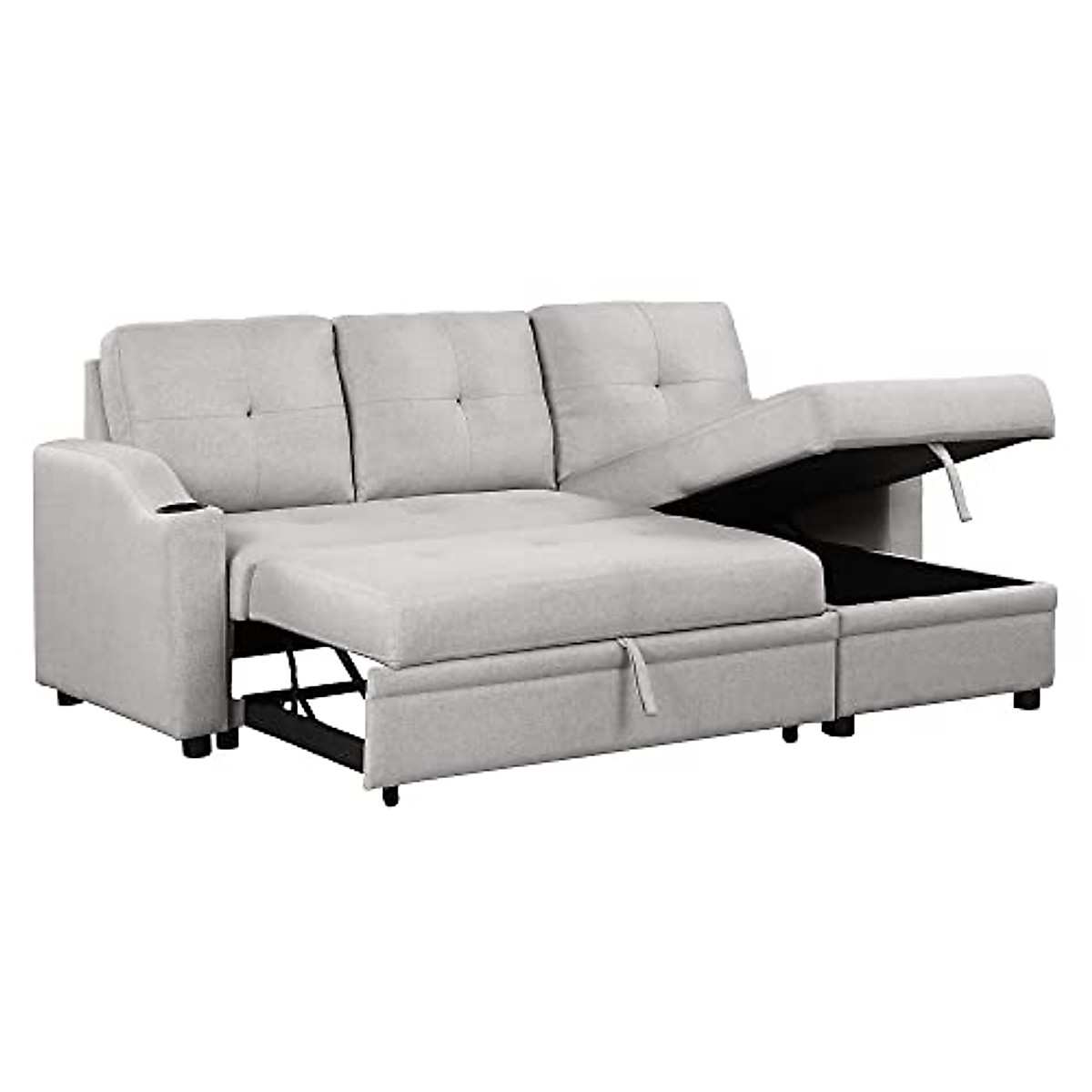 UBGO Modular, L-Shaped Living Room Furniture Sets,Pull Modern Padded Upholstered Sofa Bed, Linen Fabric 3 Seater Storage Chaise and Cup Holder, Couch for Small Spaces,Gray