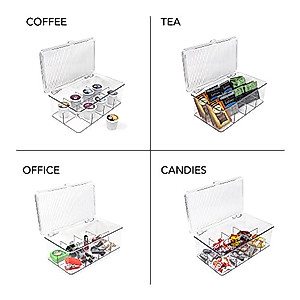 Isaac Jacobs Divided Clear Plastic Organizer (10.75” x 6.5” x 3.7”) w/Hinged Lid, Stackable Storage Box for Tea Bags, Crafts, Office Supplies, Cosmetics, Jewelry, BPA-Free, Food Safe Pantry Container