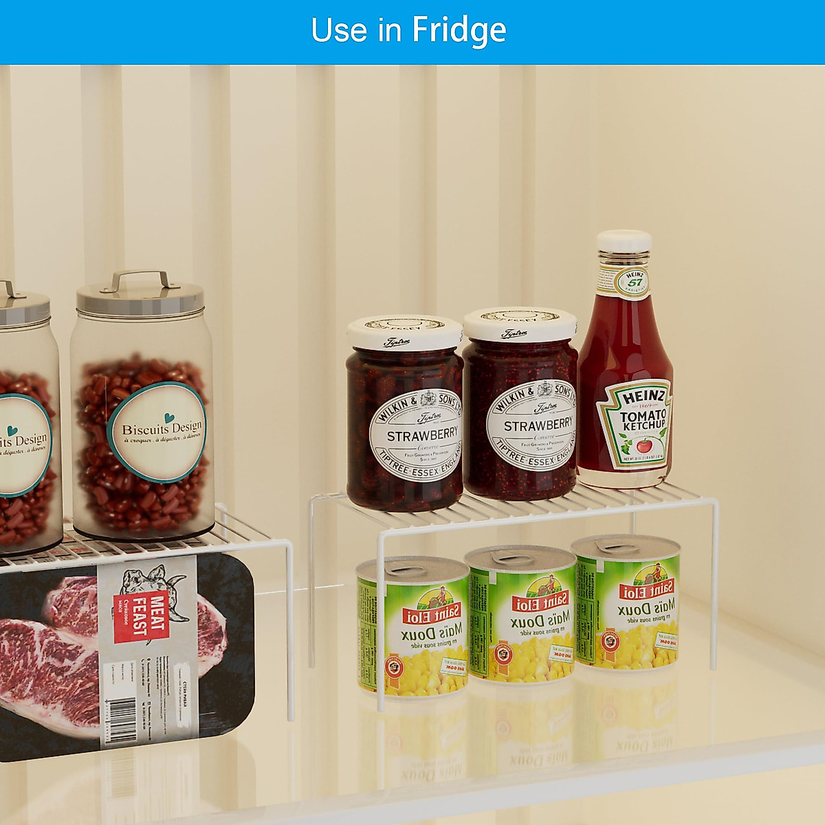 iPEGTOP Set of 2 Kitchen Cupboard Organiser Shelf, Small Size 10.6 x 5.1 Inch Freezer Cabinet Organization Storage Shelf Wire Rack, Steel Metal Shelves for Fridge Pantries Countertops Utensils -White