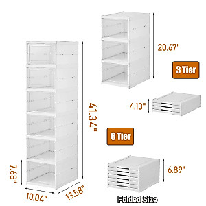 GUDEMAY Drop Front Shoe Storage Box, No Assembly Stackable Shoe Organizer Storage Bin with Clear Door, Free Standing Shoe Shelf Cabinet with Lid, Plastic Shoe Rack for Closet Entryway, 6-Tier