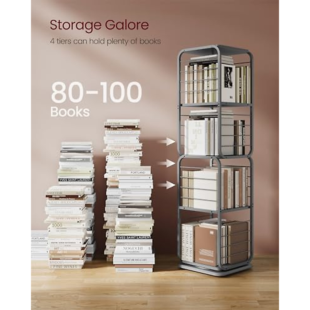 VASAGLE 4-Tier Rotating Bookshelf, Bookcase with Bookends for Small Spaces, Corner Shelf, Steel Frame, Dove Grey ULLS127G36