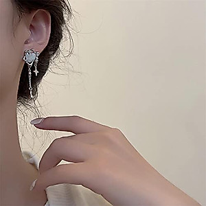 Moonstone Heart Stainless Steel Earrings For Women Teen Girls Tassel Silver Star Dangle Earrings Dangling Y2k Earinging Earring (Style1)