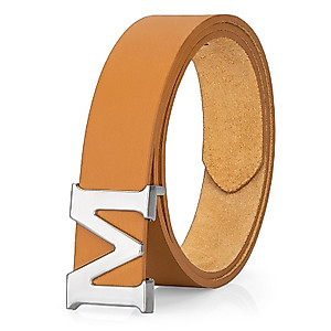 maikun Womens Leather Belts Removable Letter M Plate Buckle Waist Belt 1.18" Width, Brown Waist Size 30-34''