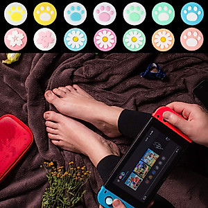 Sumind 28 Pcs Thumb Grip Joystick Caps, Replacement Cute Cat Paw Flower Shape, Silicone Joystick Cover, Colorful Replacement Thumb Grip Covers Compatible with Nintendo Switch, Switch Lite Controller