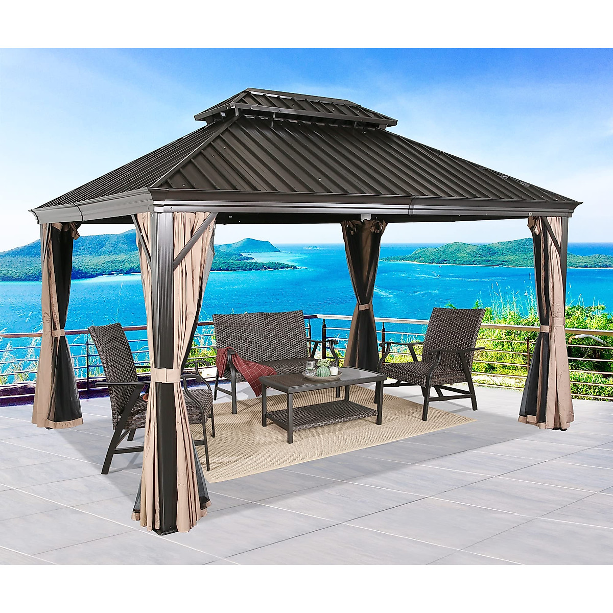 10'x12' Hardtop Gazebo, Outdoor Aluminum Permanent Pavilion Gazebo with Curtains and Netting, Brown Galvanized Steel Metal Double Roof Canopy Gazebo and Aluminum Frame for Patios, Gardens, Lawns