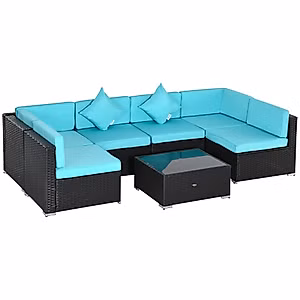 Outsunny 7-Piece Patio Furniture Sets Outdoor Wicker Conversation Sets All Weather PE Rattan Sectional Sofa Set with Cushions & Tempered Glass Desktop, Turquoise