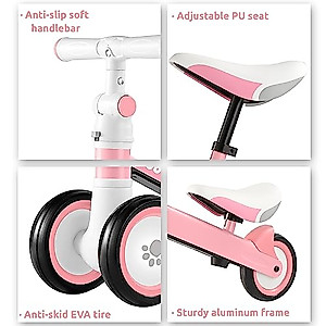 JOLLITO Baby Balance Bike, Adjustable Toddler Bicycle 12-24 Months, Best Birthday Gifts Toys for 1 Year Old Boys Girls, 3 Wheel, Pink