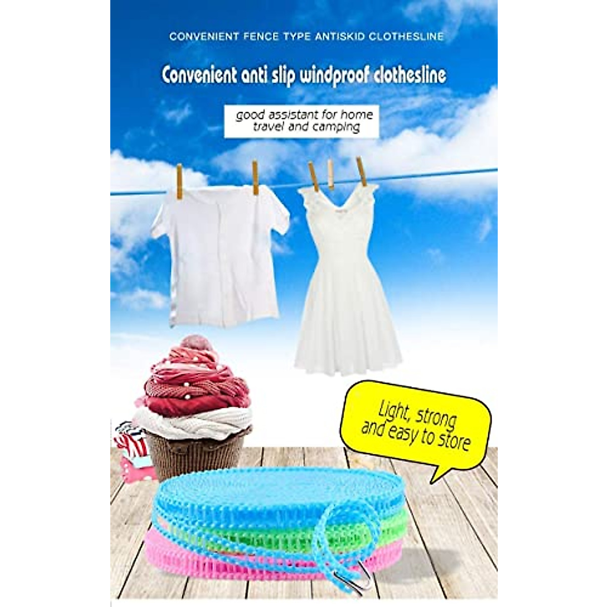 Cafurty 26-ft Portable Travel Clothesline, Adjustable for Indoor Outdoor Laundry Line, Upgraded Version Windproof Non-Slip Clothes Line, Clotheslines for Camping Travel and Home Use - Blue