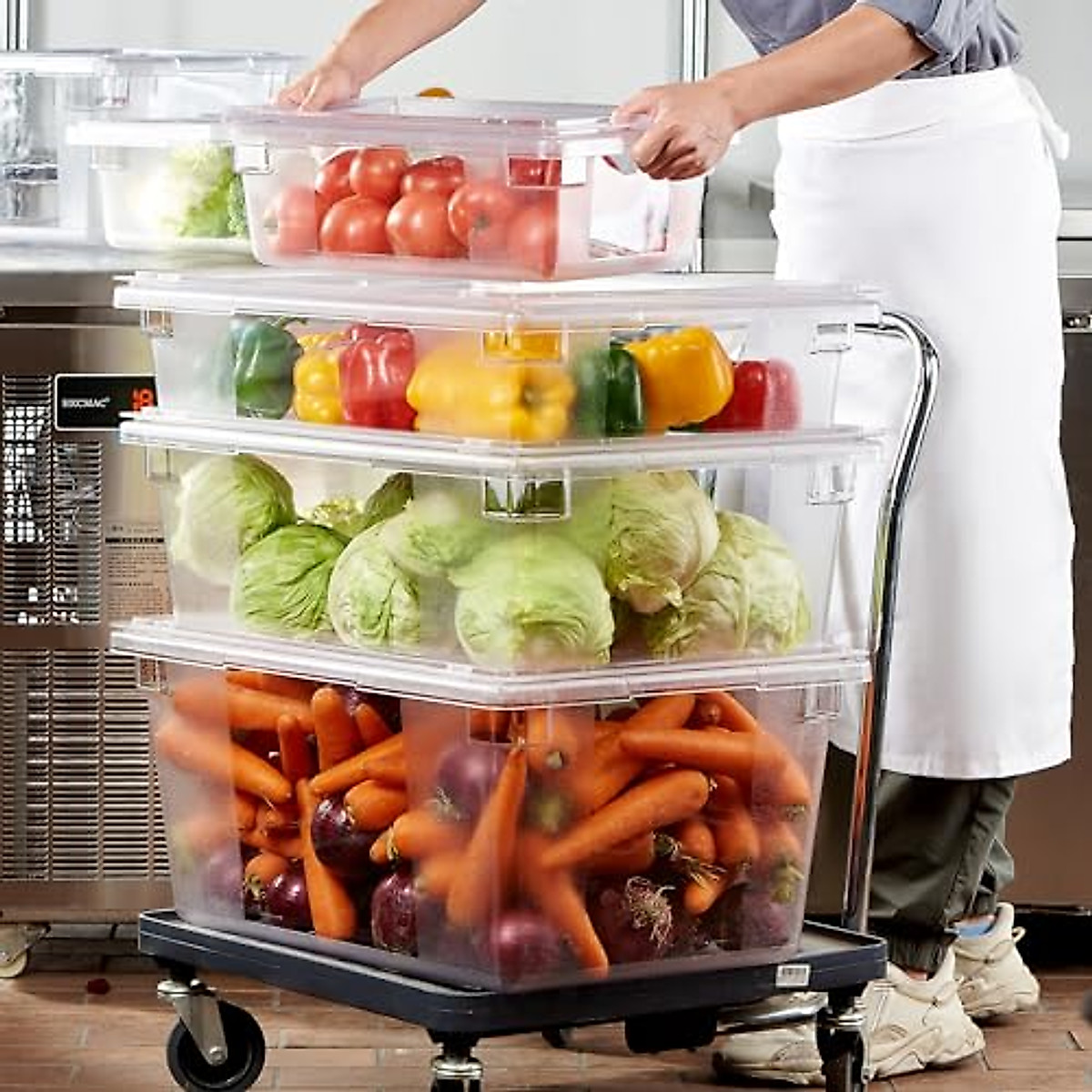 CURTA 4 Pack Food Storage Box with Lid, Clear NSF Polycarbonate Food Storage Box, 3.5 Gallon,Stackable Commercial Storage Containers for Kitchen Restaurant (18" x 12" x 6")