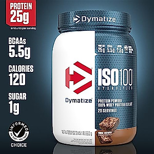Dymatize ISO100 Hydrolyzed Protein Powder, 100% Whey Isolate Protein, 25g of Protein, 5.5g BCAAs, Gluten Free, Fast Absorbing, Easy Digesting, Fudge Brownie, 20 Servings
