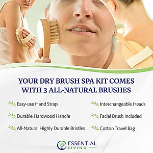Essential Living: 3-Piece Dry Brushing Spa Kit - 1 Face Brush, 2 Body Scrub Brushes and a Cotton Bag - Body and Skin Care for Exfoliation, Blood Circulation and Lymphatic System Stimulation Support