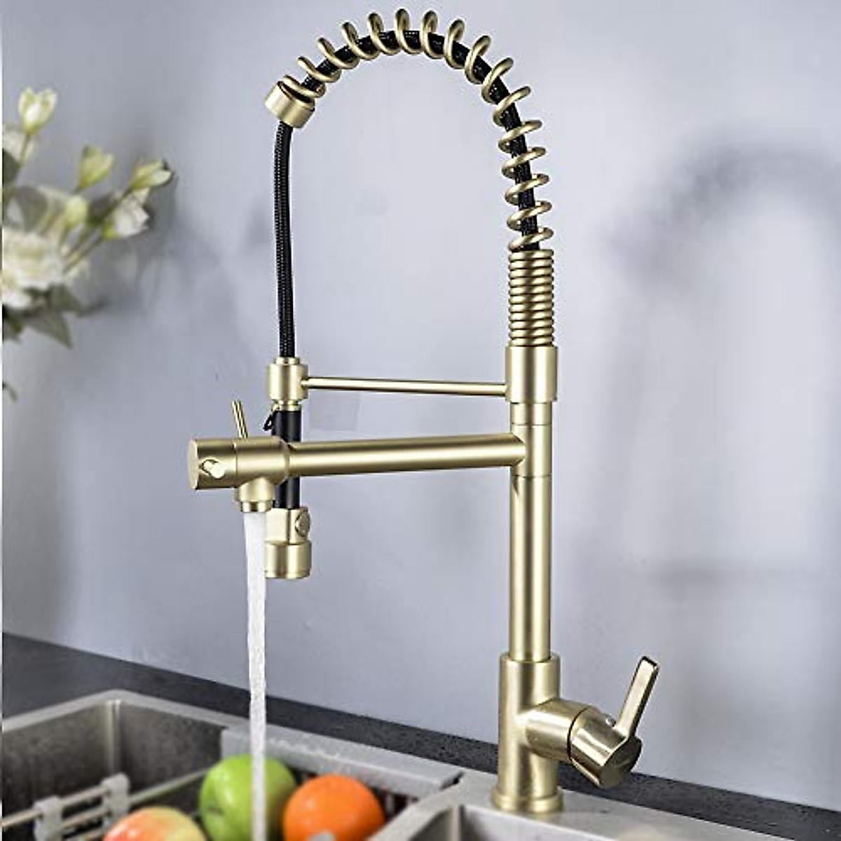 SHAMANDA Commercial Pre-Rinse Kitchen Faucet, High Arc Kitchen Sink Faucet with Pull Down Spring Spout and Pot Filler, Brushed Gold, L40001-3