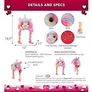 DolliBu I Love You Valentine Plush Rainbow Llamacorn Hat - Cute Stuffed Animal with Red Heart and Name Personalization Gift