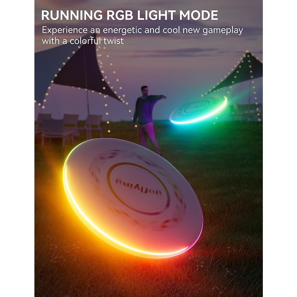 GOFLYING LED Flying Disc, 9 Adjustable Colors, 4 Adjustable Brightness, Rechargeable, 3WORKING Mode, Running RGB Light Mode/Single Color Mode/Competitive Mode - White