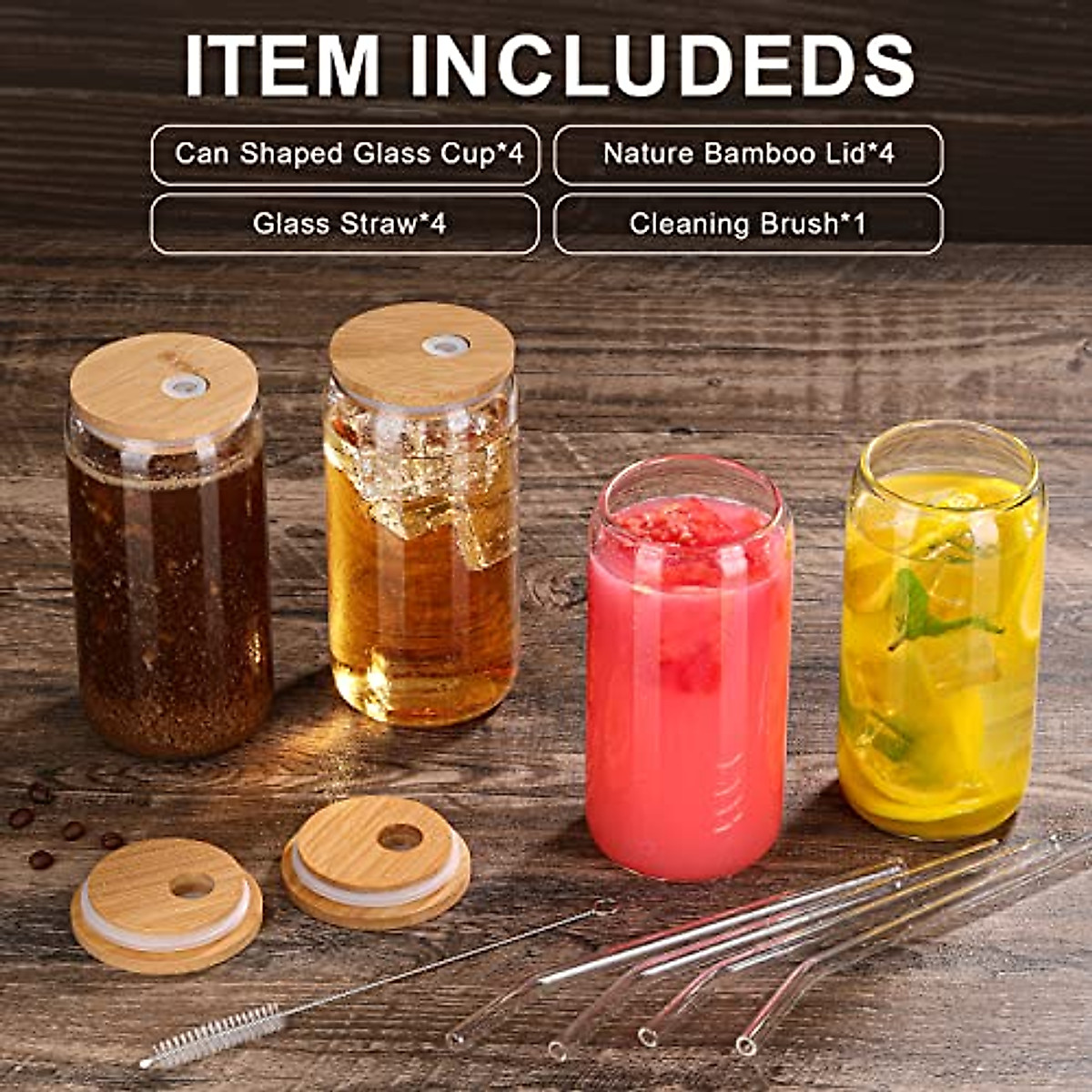 4 Pack Drinking Glasses, EFOBO 16 oz Beer Can Glass with Bamboo Lids, Straws and Cleaning Brushes, Can Shaped Tumbler Cup for Water, Ice Soda, Tea, Iced Coffee Glasses, Gifts