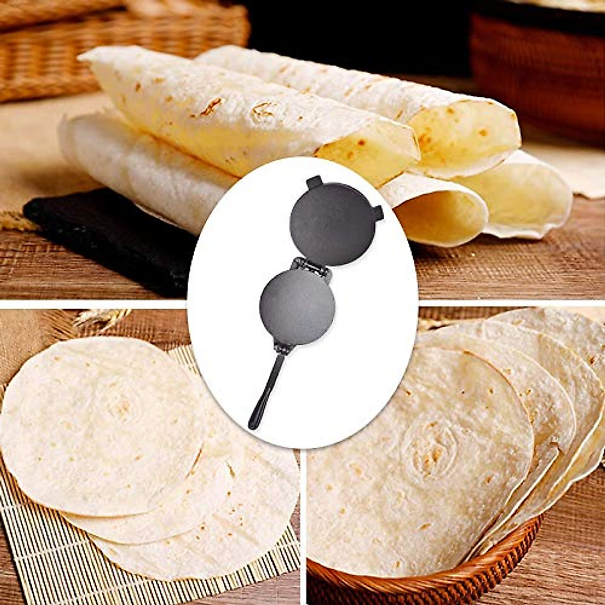 BONROB Cast Iron 7.5 Inch, Tortilla Maker, Press, Pataconera Seasoned for Corn, Flour or Gluten-Free Doughs, Black USA