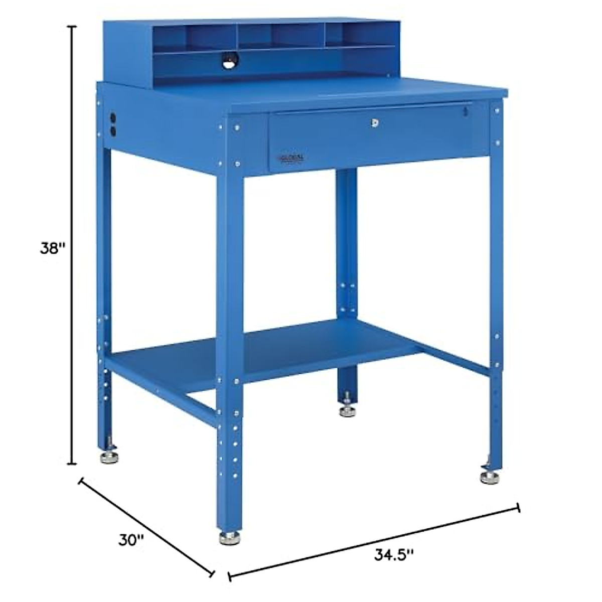 Global Industrial Flat Top Shop Desk w Pigeonhole Compartments, 34-1/2"W x 30"D x 38 to 42-1/2"H, Blue