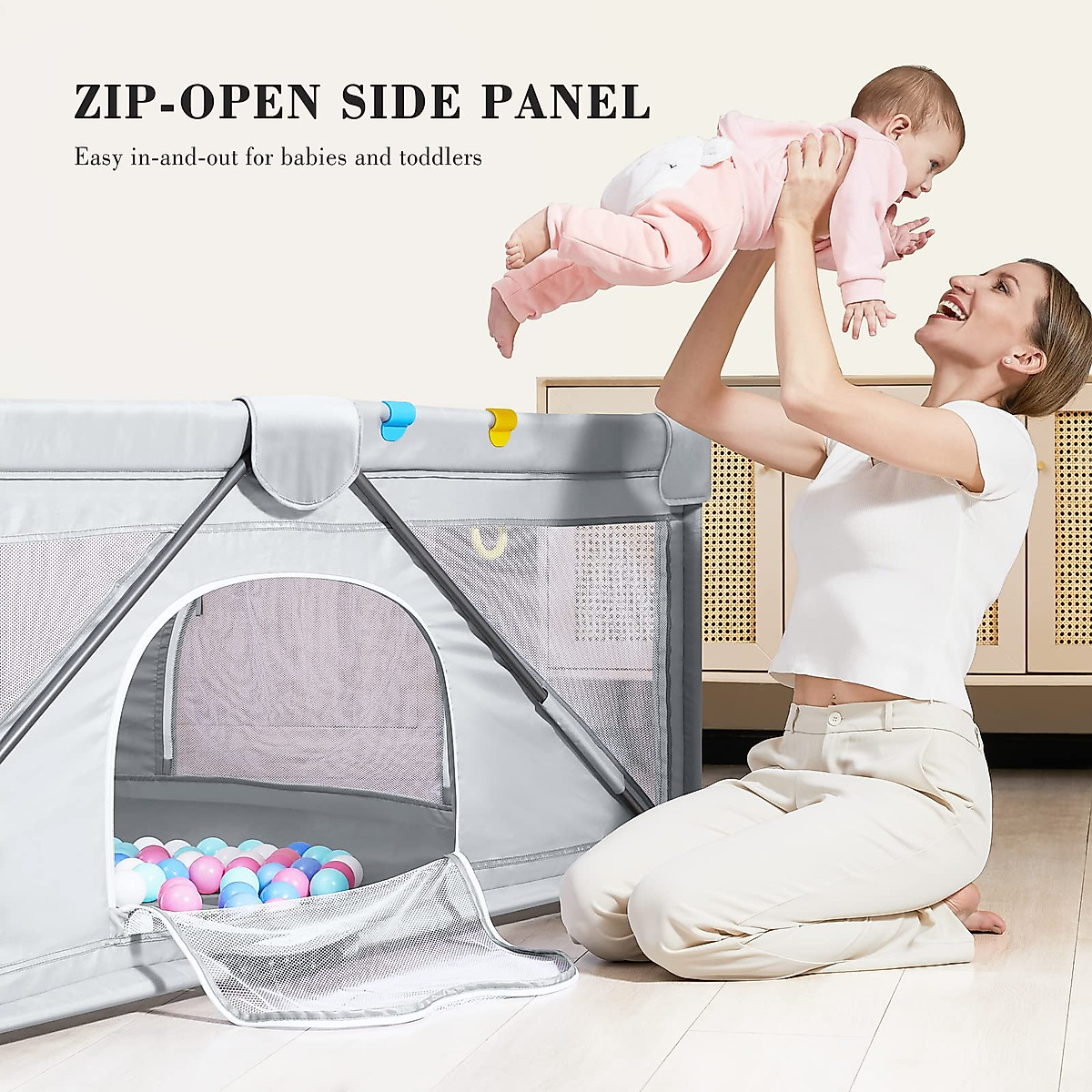 ANGELBLISS Baby Playpen, Foldable Playpen for Babies and Toddlers, Indoor & Outdoor Baby Activity Center with Visible Breathable Mesh, Portable Play Yard with 2 Handlers+50 Balls-59”×71”（Grey）