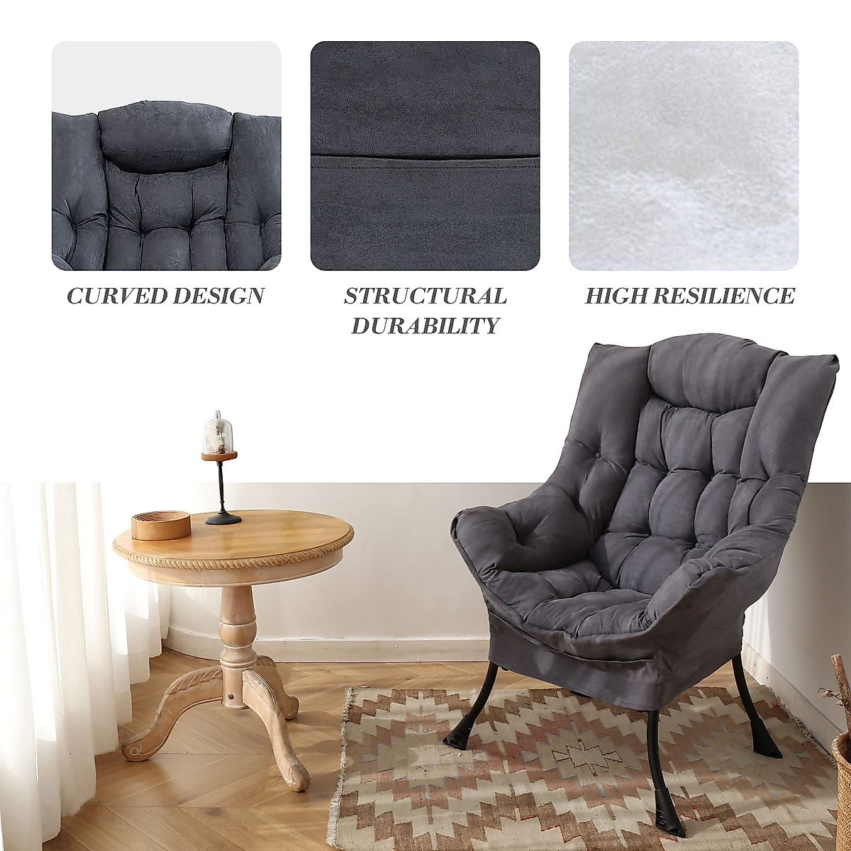 Superrella Modern Soft Accent Chair Living Room Upholstered Single Armchair High Back Lazy Sofa (Cool Grey with Footrest)