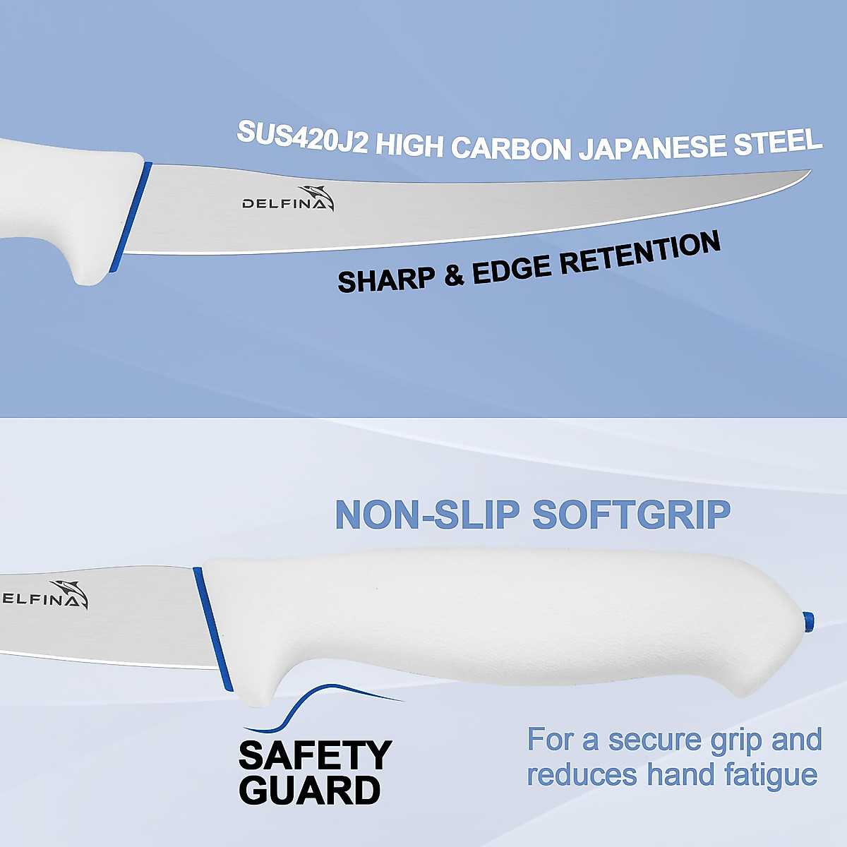 DELFINA 7 inch Flexible Fillet Knife For Fish W/Softgrip & Sheath, High Carbon Japanese 420J2 Stainless Steel Fish Fillet Knife, Ideal for Filleting, Removing Fish Skin, Deboning