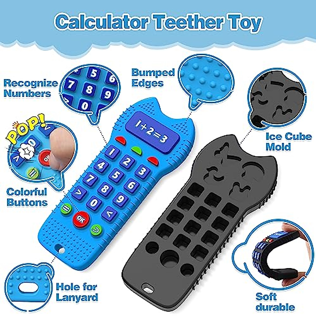 Safeswee 2 Pack Baby Teether, Montessori Teething Toys for 6-12 Months, Calculator Shape Remote Chew Set, Sensory Teething for Boys and Girls