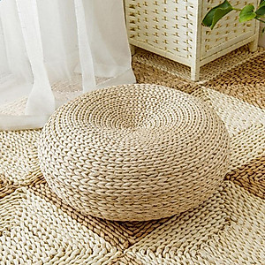 Knitted Straw Flat Seat Cushion, 15.7inch Round Pouf Tatami Cushion Floor