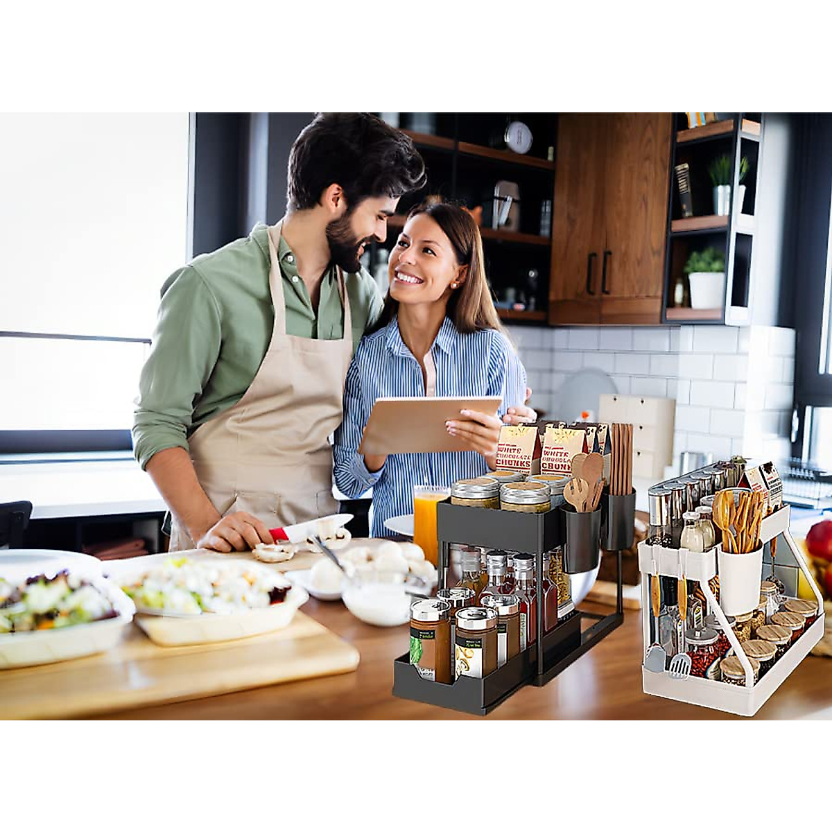 Under Sink Storage Rack Two Tier Pull Out Kitchen Under Sink Organizer and Storage Bathroom Under Sink Storage Rack 15.7 * 6.5 * 11.2 Inch Black Under Sink White Countertop (2 Pack) (white and white)