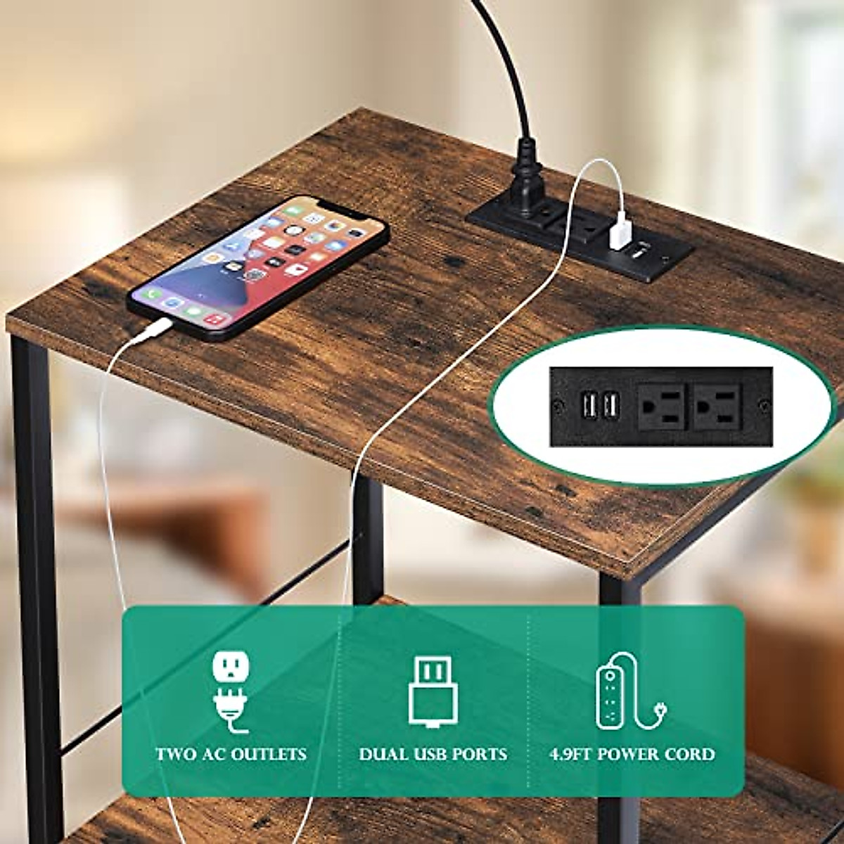 Nightstands for Bedrooms Set of 2 Night Stand with Charging Station End Side Table with Power Outlets for Living Room End Table with Drawer Storage Small Bedside Tables for Small Spaces, Rustic Brown