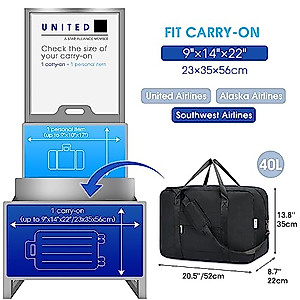 Carry on luaggage 22x14x9 Airlines Approved Foldable Carry on Bag Travel Duffel Packable Duffle Overnight for Women and Men 40L (Black)