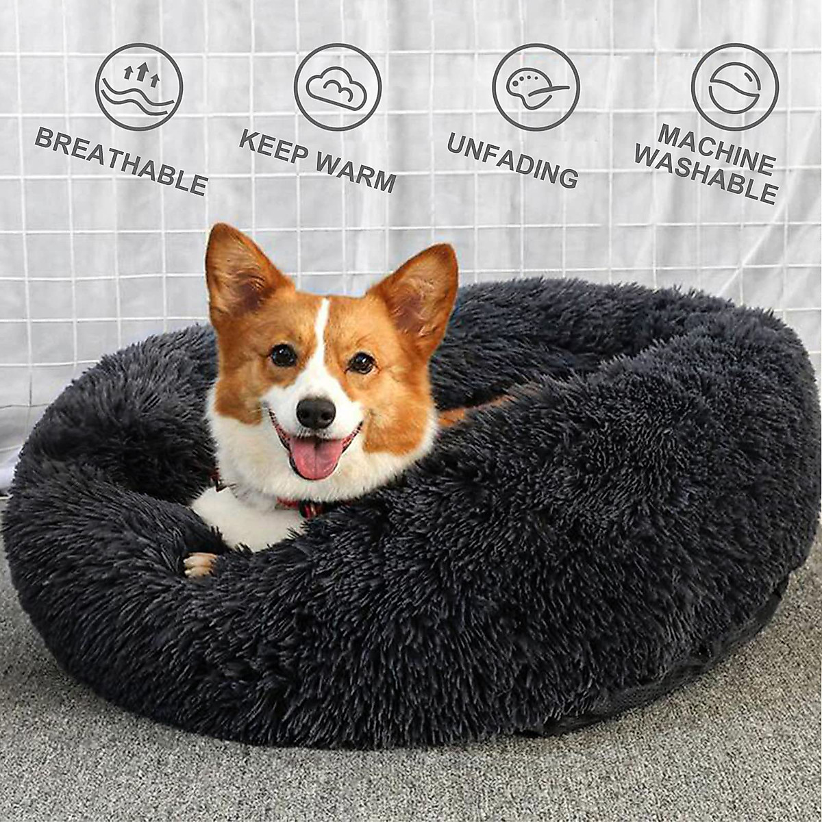 Patas Lague Calming Dog Bed for Small Dogs, Fluffy Soft Cozy Cat Bed, Faux Fur Anti-Anxiety Plush Washable Pet Donut Cuddler for All Seasons 20IN, Black