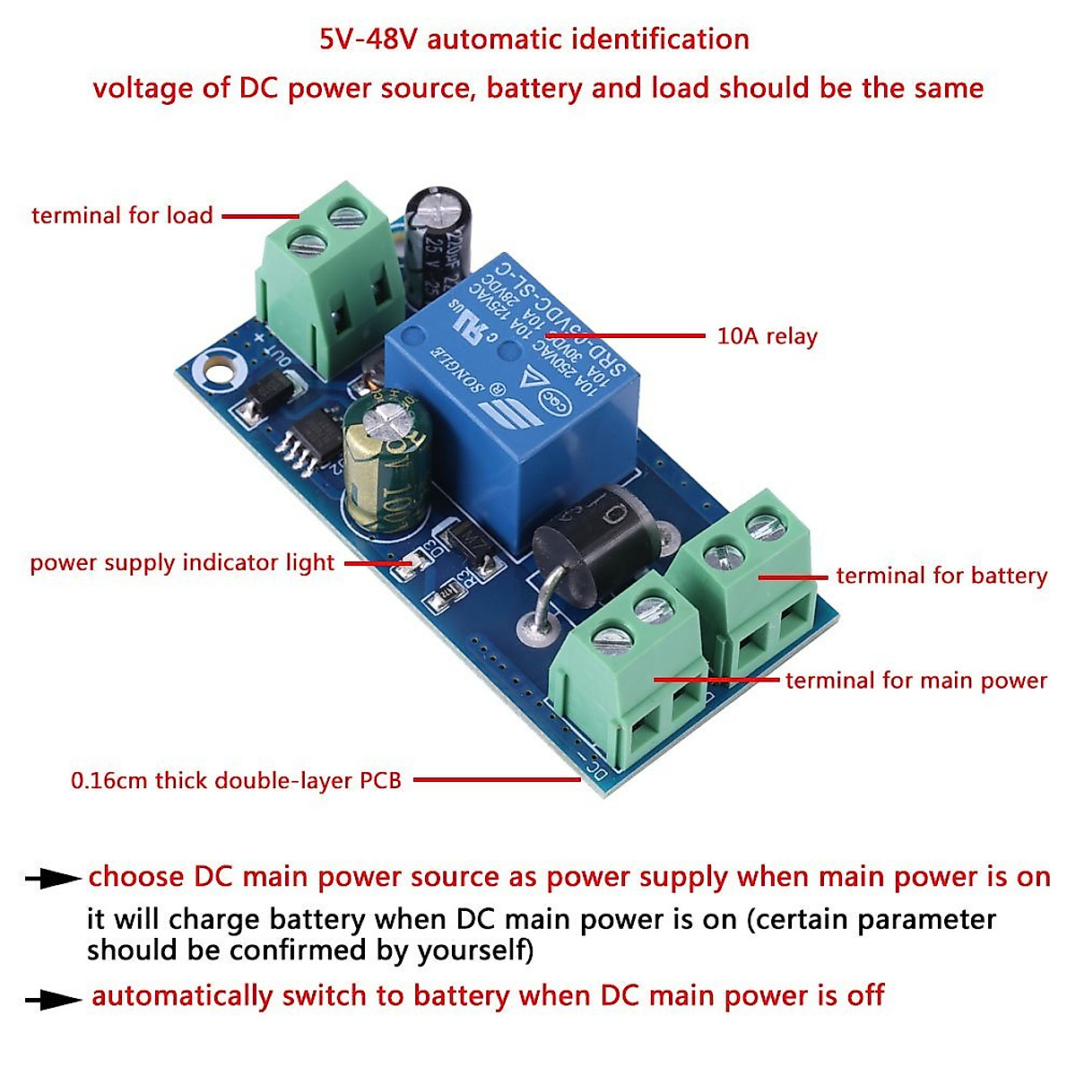 5V~48V Power Controller 10A DC Power/Battery Automatic Switch Module Emergency Controller