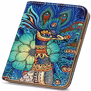 APHISON Womens Wallet, Slim Small Wallet for Women RFID Wallet Women Cartoon Microfiber Leather with ID Credit Card Holder Zipper Coin Pocket Bifold Compact Wallet Peacock