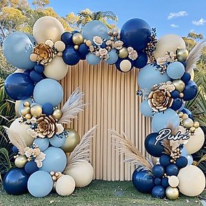 Navy Blue Balloon Garland Double Stuffed Dusty Blue White Sand Balloons Slate Blue Beige Cream Balloon Arch Kit Metallic Gold Balloons For Neutral Baby Shower Graduation Birthday Party Decoration
