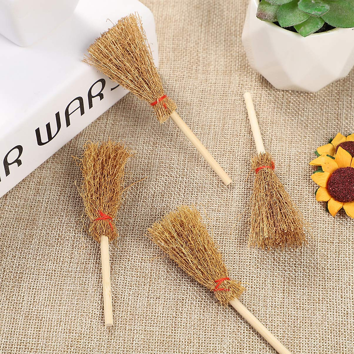 SEWACC 12pcs Mini Broom Decoration Miniature Artificial Straw Brooms Hanging Ornament Halloween Straw Craft Decor Witches Broom for Cosplay Party