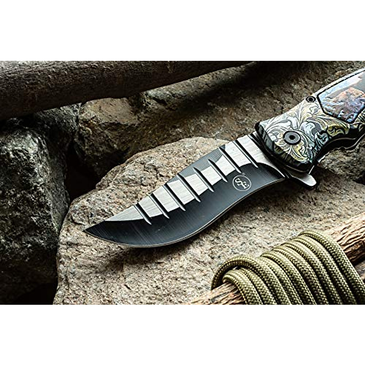 SE Spring Assisted Clip Point Folding Knife with Howling Wolf Design - KFD20024-2