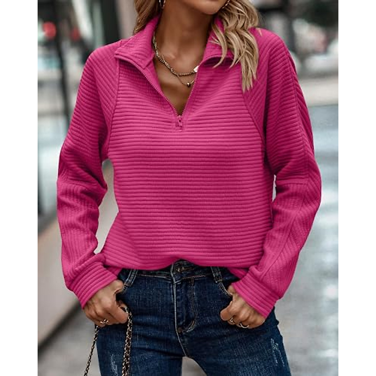 BTFBM Womens Fall Sweatshirts Half Zip Fashion Quilted Pattern Sweatshirts Pullover Shirts Tops(Solid Rose Red,Medium)