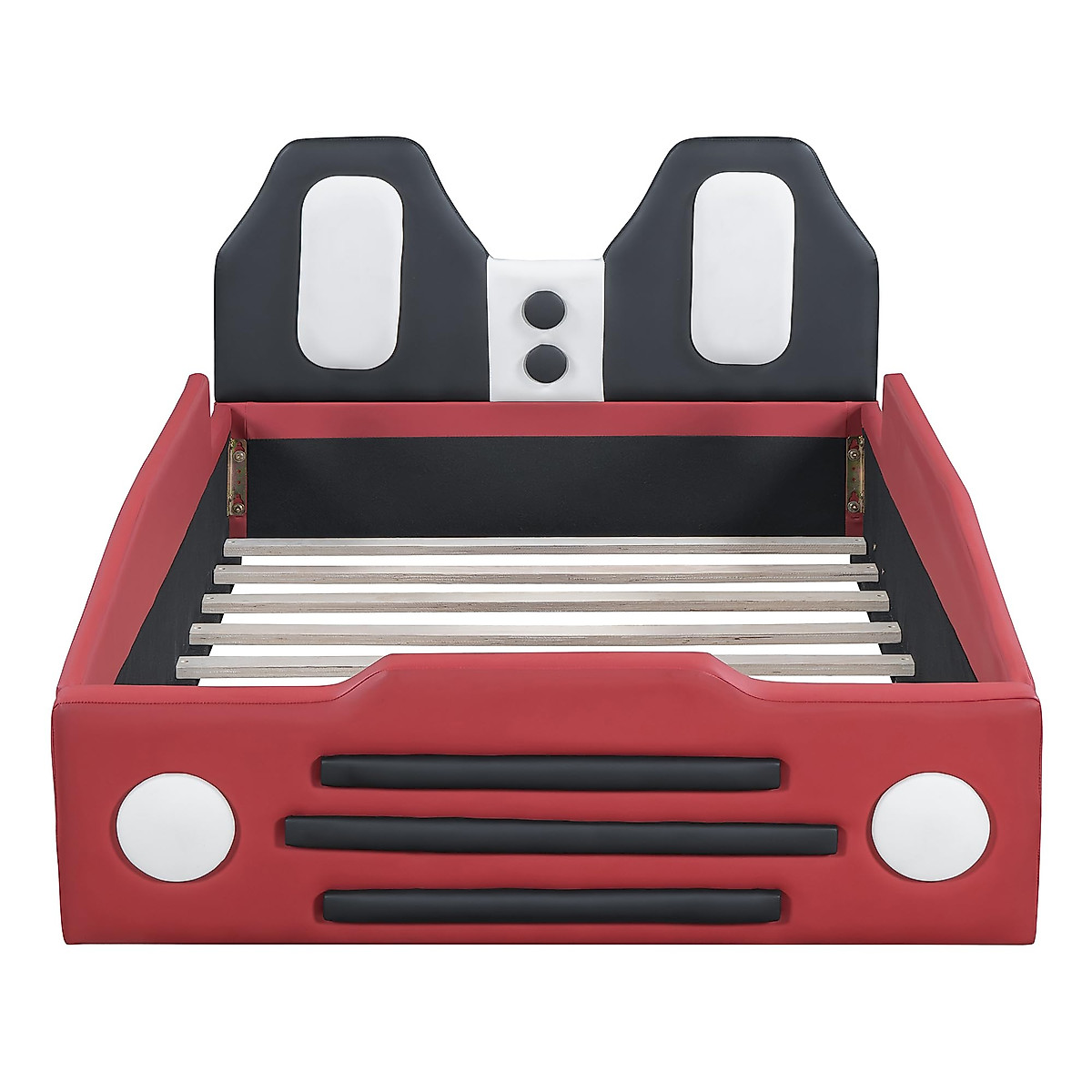 Harper & Bright Designs Twin Size Race Car-Shaped Platform Bed with Wheels, Faux Leather Upholstered Twin Bed Frame for Kids Boys Girls, No Box Spring Needed, Red