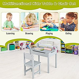 HONEY JOY Kids Table and Chair Set, Wooden Lift-Top Desk & Chair with Storage, Paper Roll Holder & Pen Slot, Activity Table Set for Craft Art, Children Furniture Set for Daycare, Playroom (Gray)