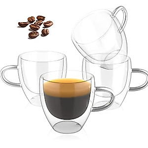 Espresso Cups 2.8 OZ Double Walled Glass Espresso Cups Set of 4 Thermo Insulated Espresso Coffee Cups with Handle Double Espresso Cups Espresso Shot Cups Father's Day Gift